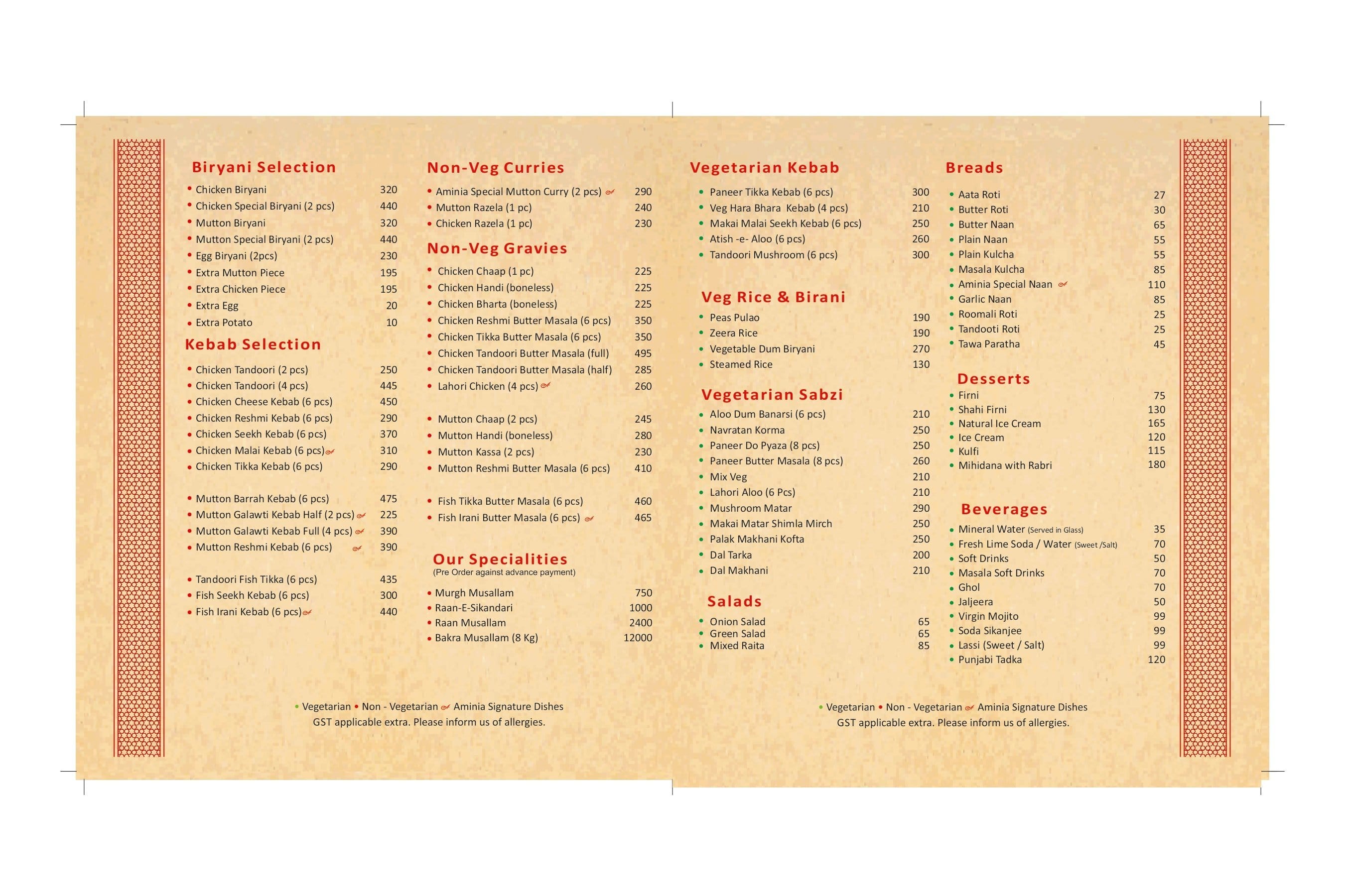 Menu of Aminia, Janta Nagar, Siliguri
