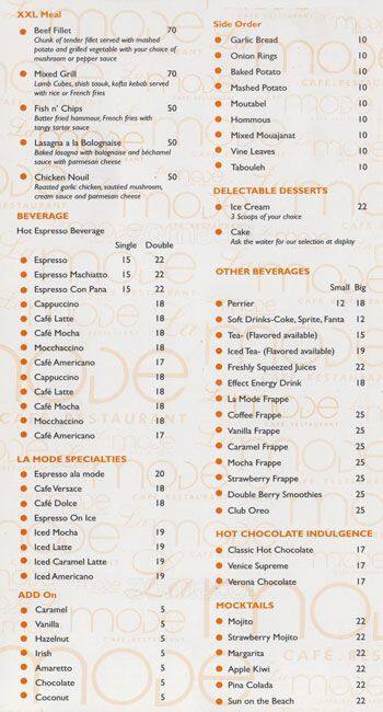 Menu at La Mode restaurant, Dubai, Al Abourooj Street