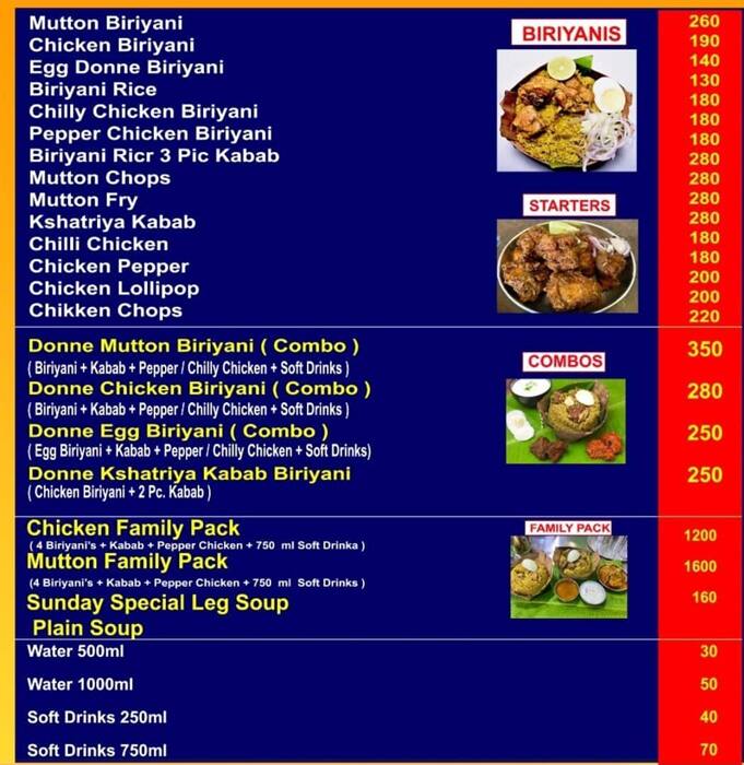 Menu of Donne Biryani Mane, Peenya, Bangalore