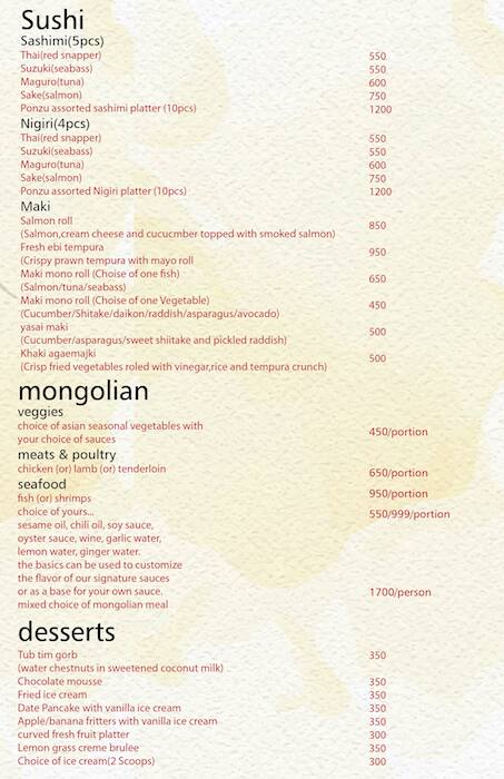 Menu at Ponzu Restaurant, Coimbatore