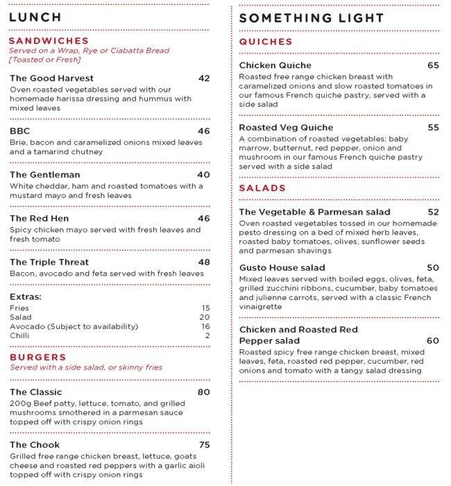 Menu at Gusto cafe, Cape Town, Hatfield Street