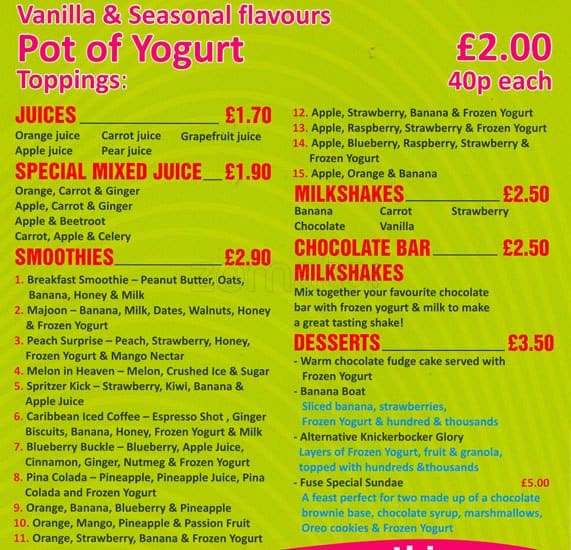 Menu at Fuse pub & bar, Manchester, Copson St