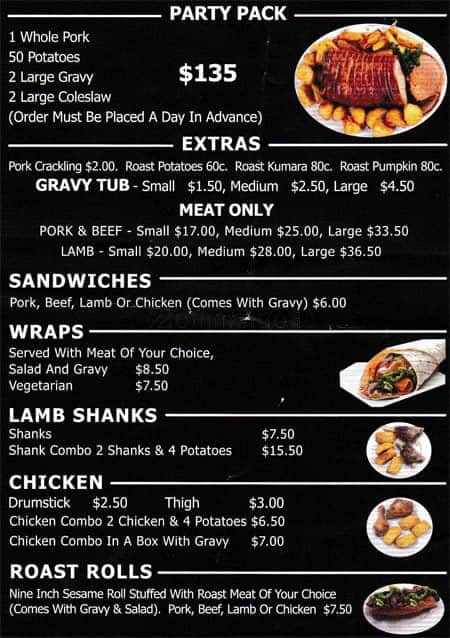 Menu at Hot Roast Meals, New Zealand, 19 Braid Road