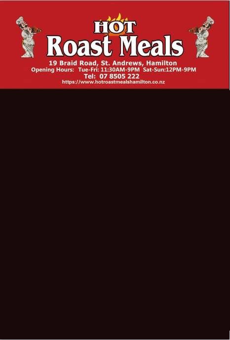 Menu at Hot Roast Meals, New Zealand, 19 Braid Road