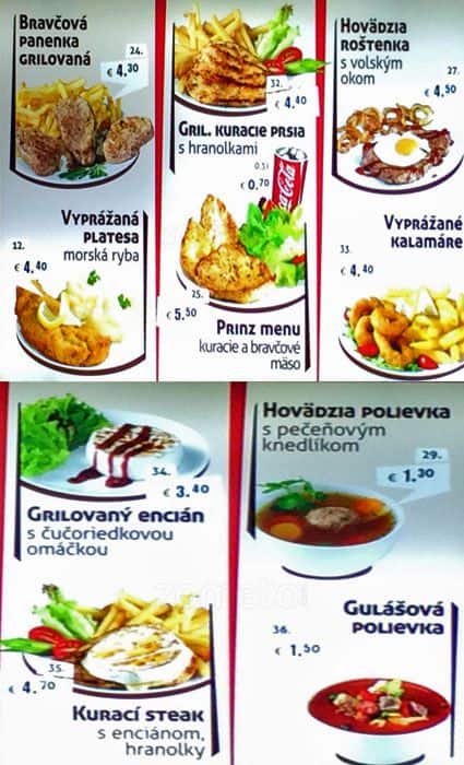 Menu at Schnitzel, Slovakia