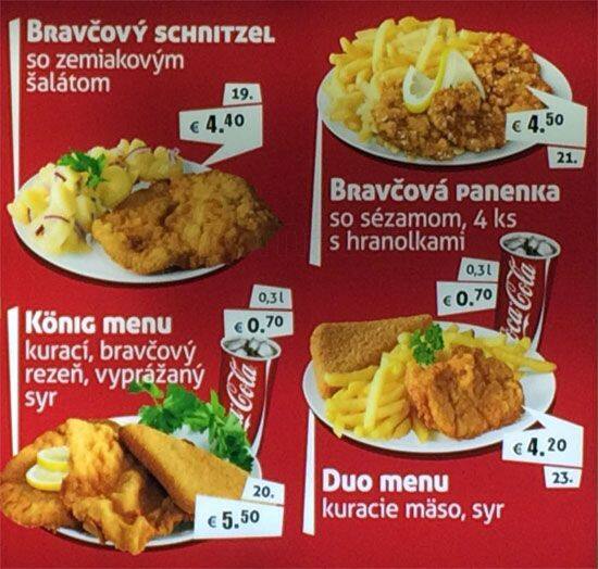 Menu at Schnitzel, Slovakia