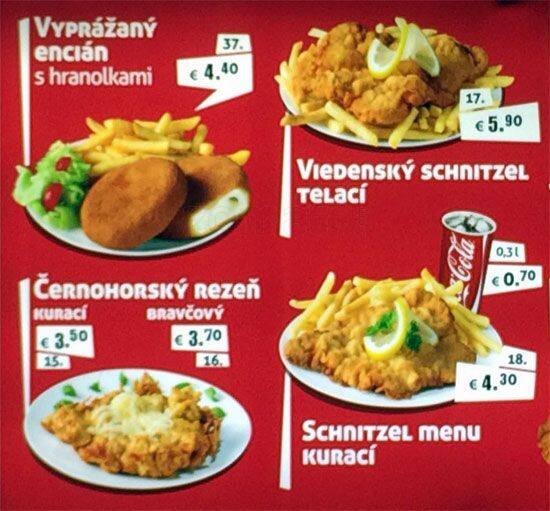 Menu at Schnitzel, Slovakia