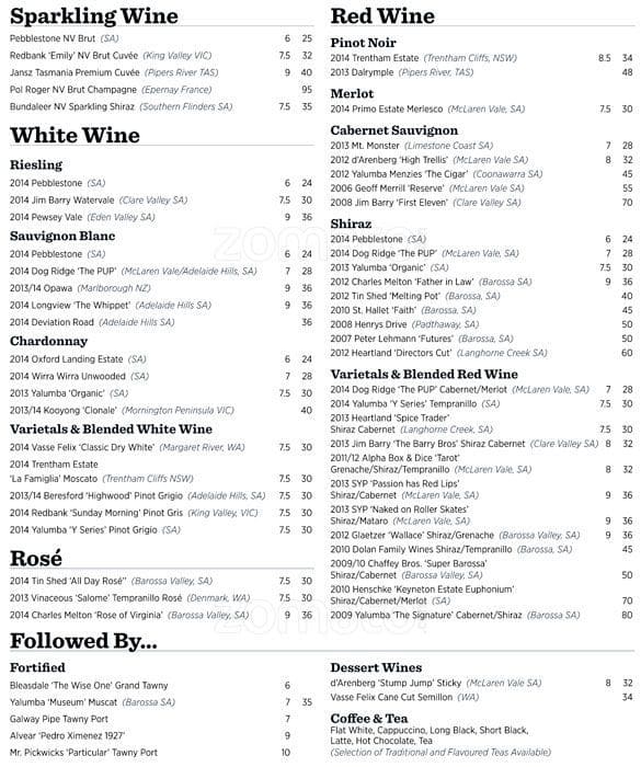 Menu at The Hotel Metropolitan pub & bar, Adelaide