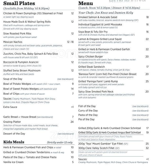 Menu at The Hotel Metropolitan pub & bar, Adelaide