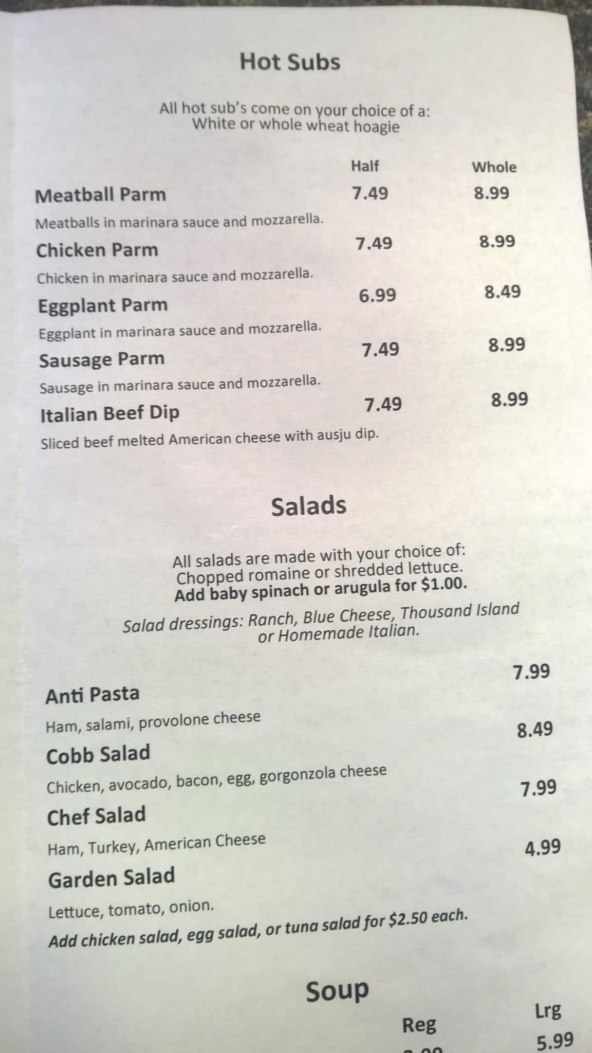 Menu at Sal's Italian Deli pizzeria, Lake City