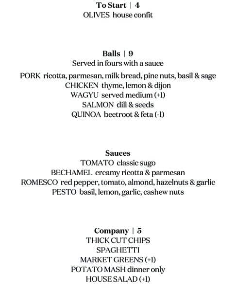 Menu at Balls & Company restaurant, London