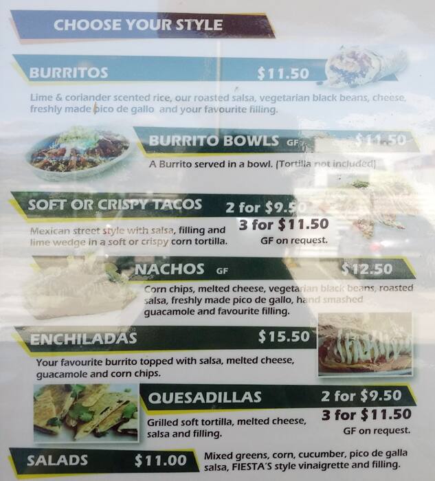 Menu at Fiesta restaurant, Morayfield
