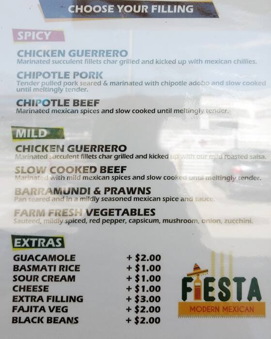 Menu at Fiesta restaurant, Morayfield