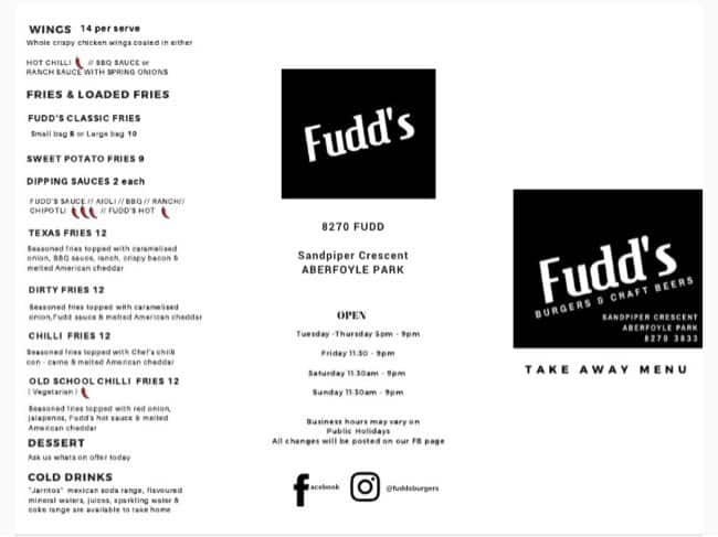 Menu at Fudd's pub & bar, Aberfoyle Park