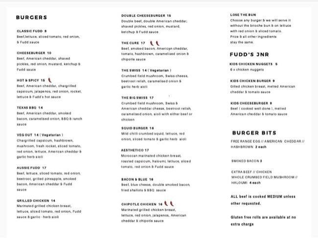 Menu at Fudd's pub & bar, Aberfoyle Park