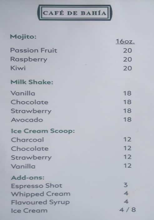 Menu at Cafe De Bahia, Dubai, Burjuman Center Al Mankhool