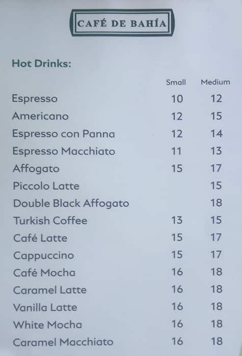 Menu at Cafe De Bahia, Dubai, Burjuman Center Al Mankhool