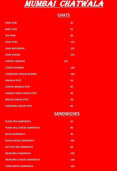 Menu of Mumbai Chatwala, Kilpauk, Chennai