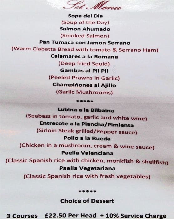 Menu at La Rueda pub & bar, London, 66 Clapham High St
