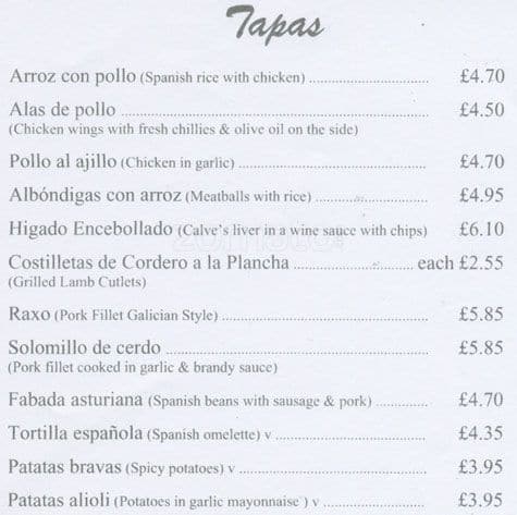Menu at La Rueda pub & bar, London, 66 Clapham High St