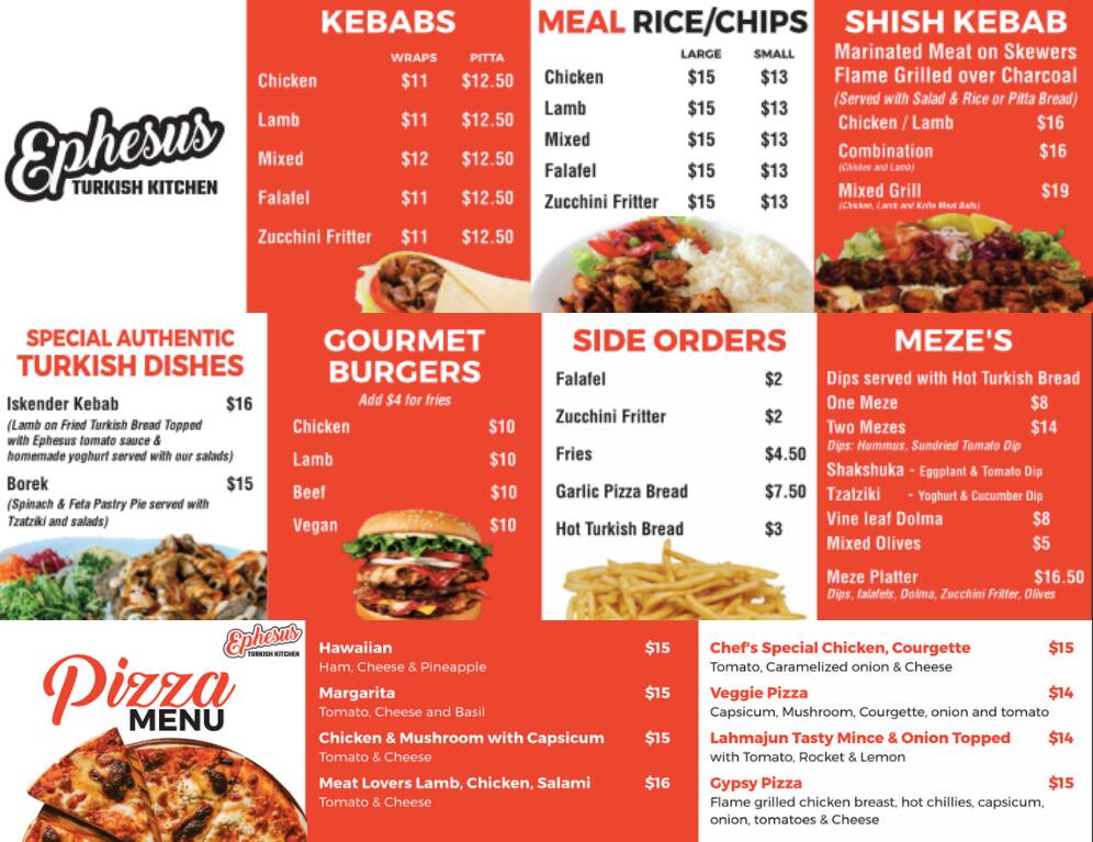 Menu at Ephesus Turkish Kitchen restaurant, Auckland, 741 Whangaparaoa Rd