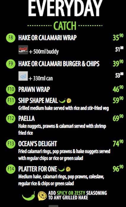 Menu au Fishaways, Pretoria, Sterland Plaza