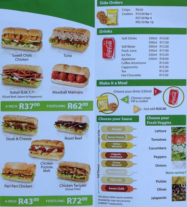 Menu at Subway, Pretoria, Jean Crossing