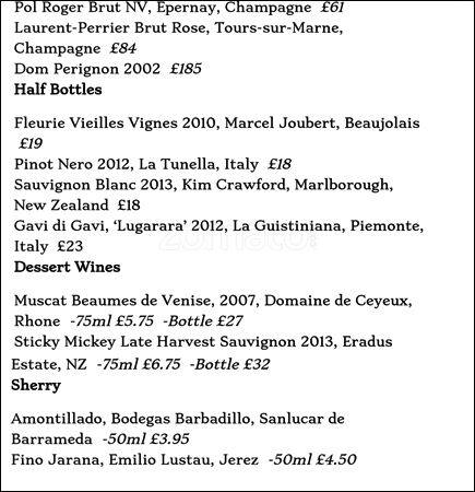 Menu at Gamba restaurant, Glasgow