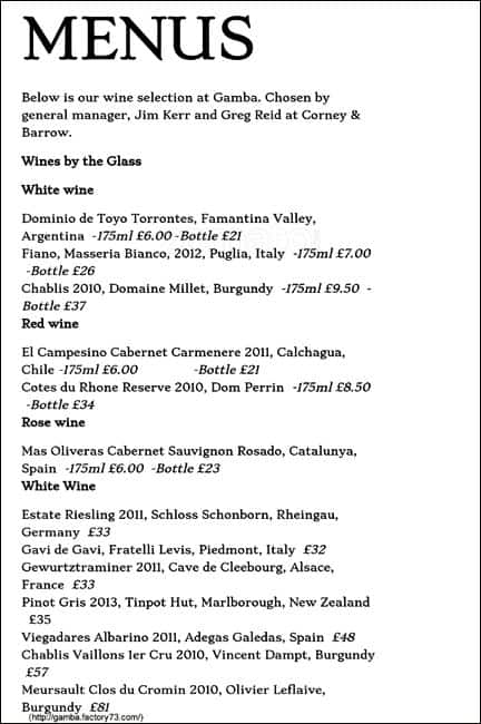 Menu at Gamba restaurant, Glasgow
