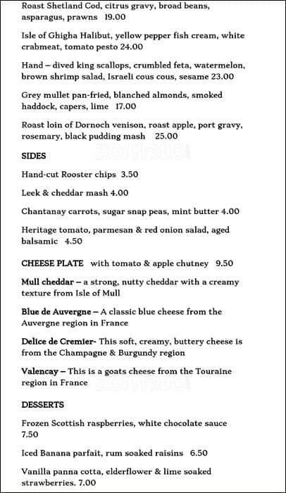 Menu at Gamba restaurant, Glasgow