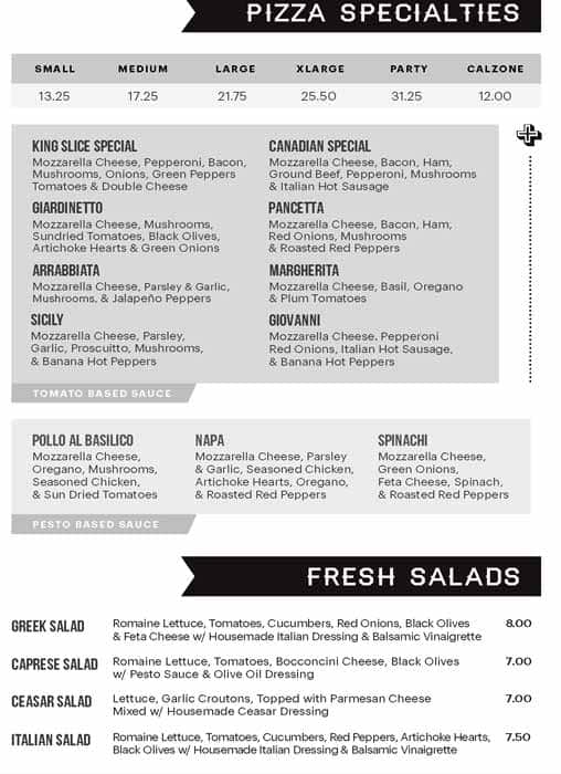 Menu at King Slice pizzeria, Toronto, Bloor St W