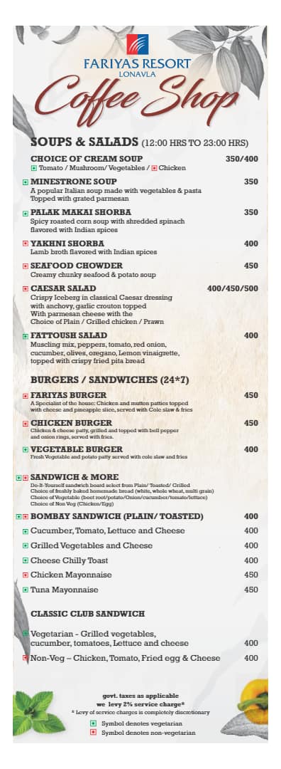 Menu at Cafe Frichley - Fariyas Resort Lonavla, Lonavala