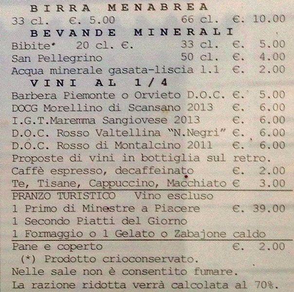Menu at Trattoria Milanese cafe, Milan, Via Santa Marta