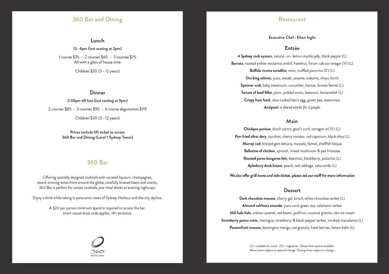 Menu at 360 Bar and Dining, Sydney, 188 Pitt St
