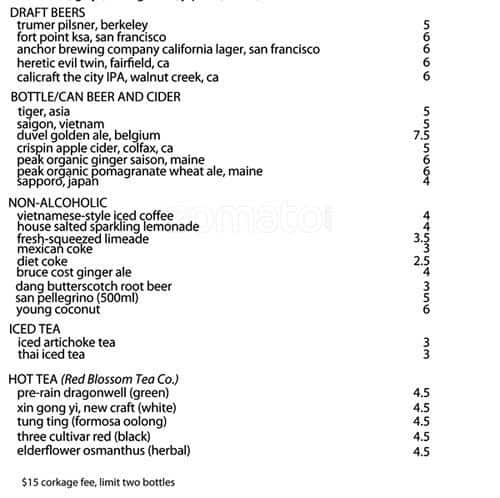 Menu at Mau Restaurant, San Francisco, 665 Valencia St