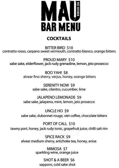 Menu at Mau Restaurant, San Francisco, 665 Valencia St