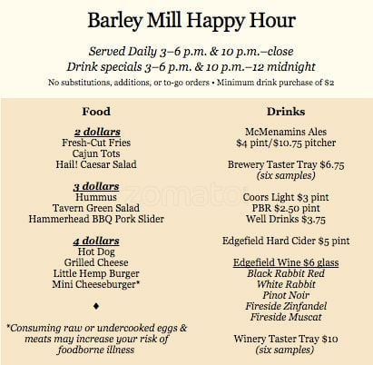 Menu at McMenamins Barley Mill Pub, Portland