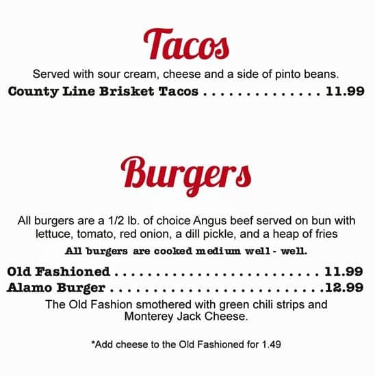 Menu at The County Line BBQ, San Antonio, 111 W Crockett St #104
