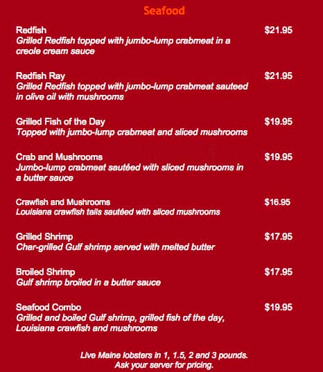 Menu at Young's steakhouse, Slidell