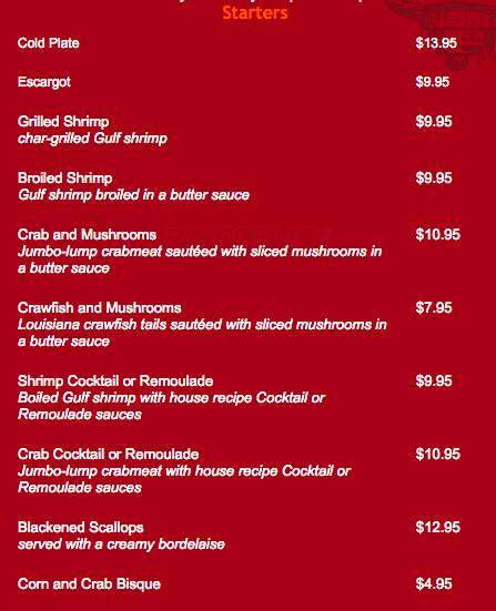 Menu at Young's steakhouse, Slidell