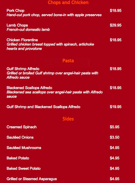 Menu at Young's steakhouse, Slidell