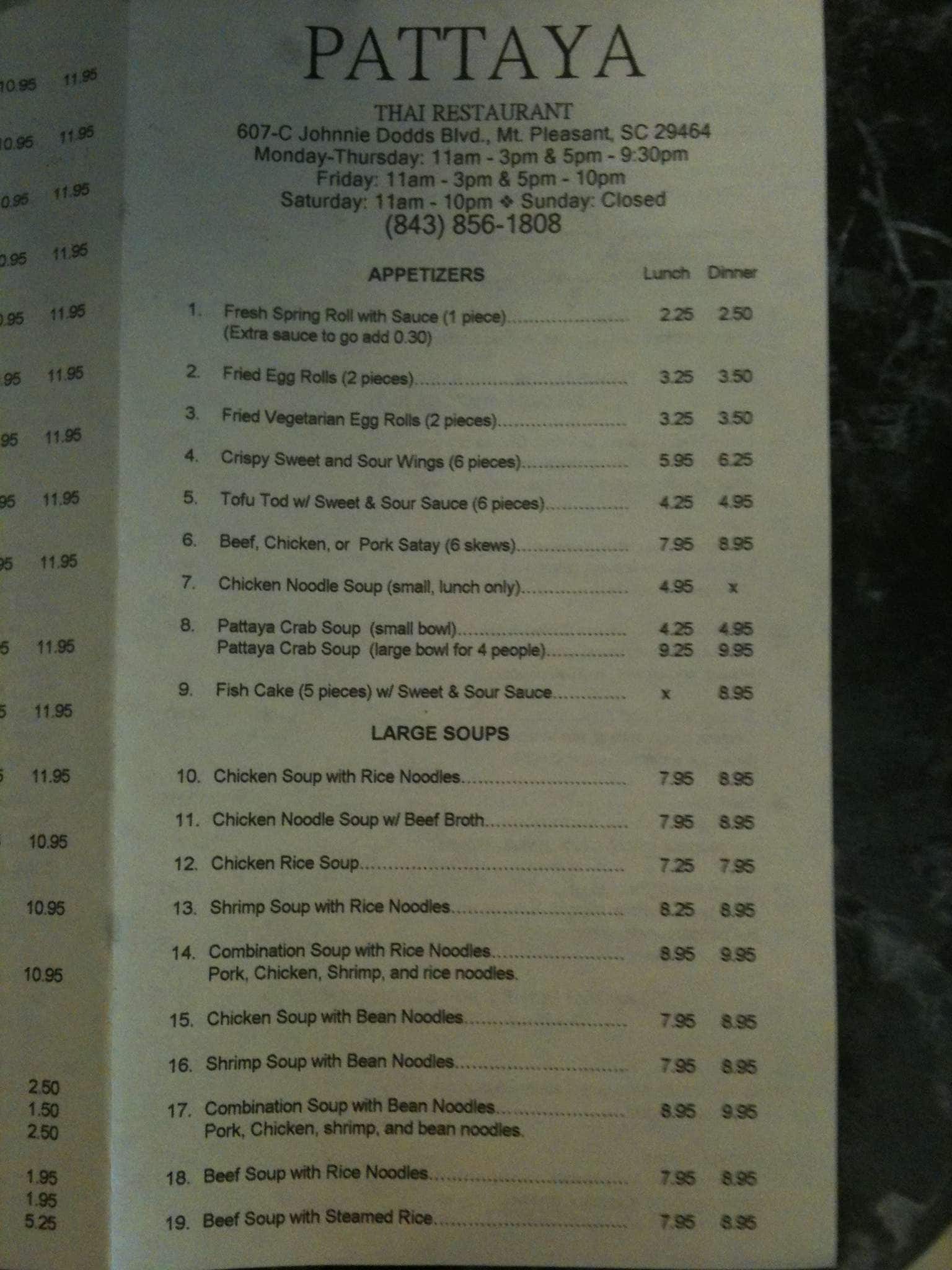 Menu at Pattaya Thai Restaurant, Mount Pleasant