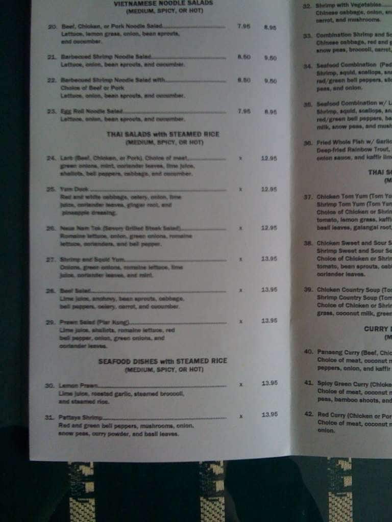 Menu at Pattaya Thai Restaurant, Mount Pleasant