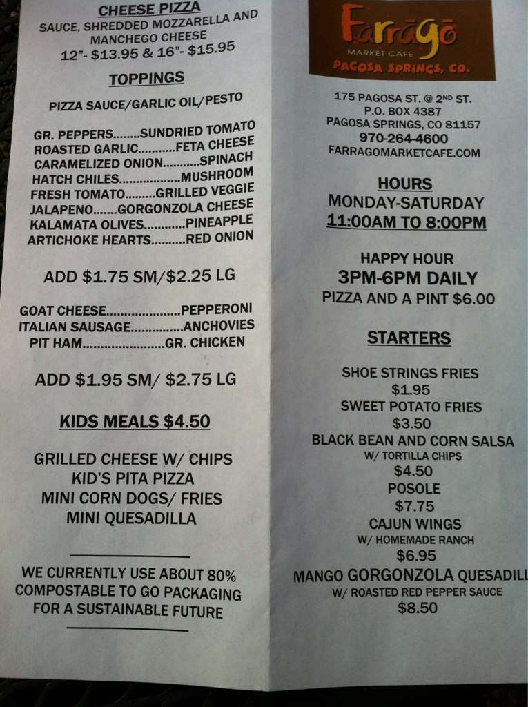 Menu at Farrago Markets Cafe, Pagosa Springs