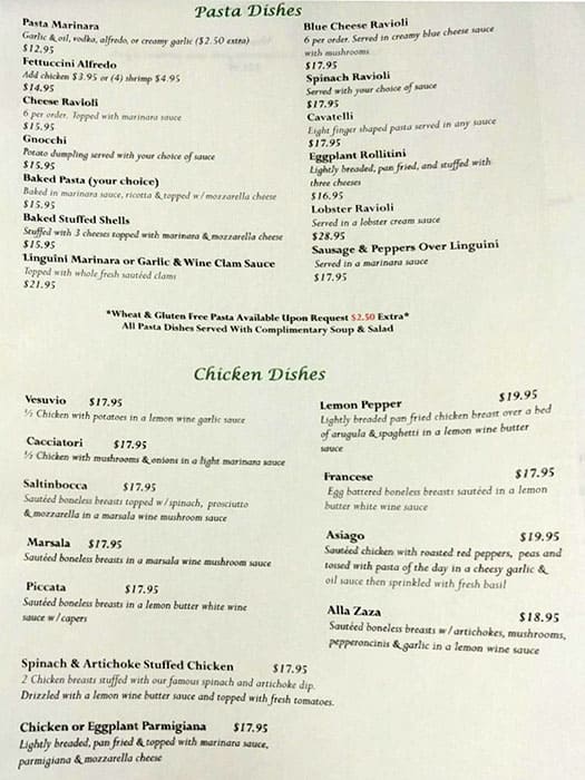 Menu at Zaza’s Steakhouse and Italian Eatery, Ingleside