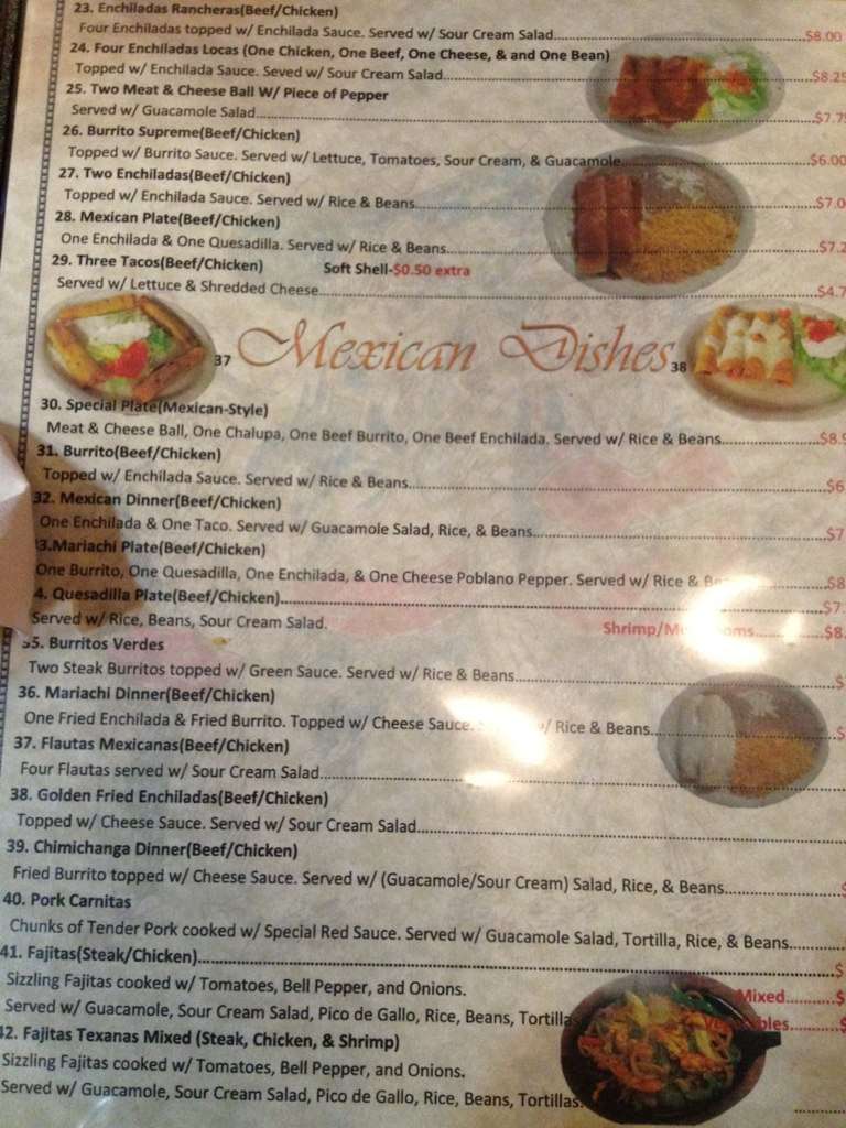 Menu at El Mariachi restaurant, Picayune