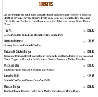 Menu at The Moody Cow steakhouse, Bradford