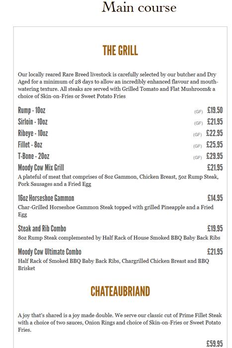 Menu at The Moody Cow steakhouse, Bradford