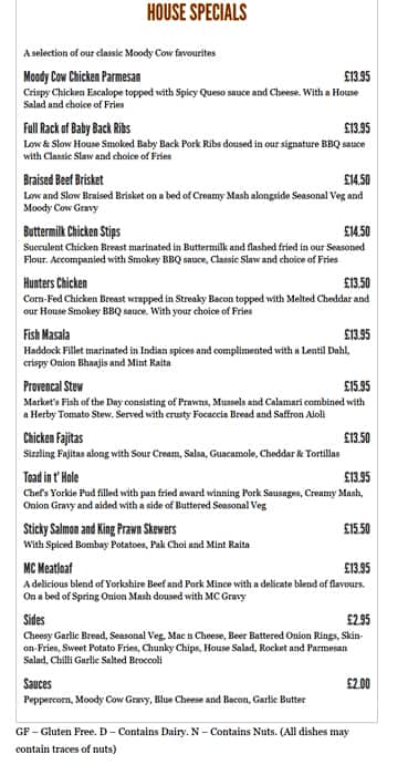 Menu at The Moody Cow steakhouse, Bradford