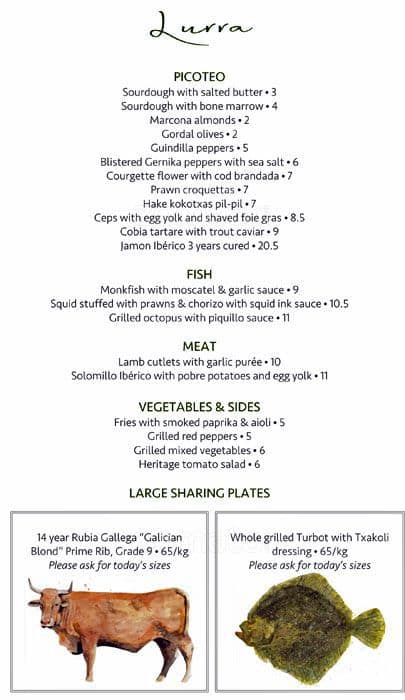 Menu at Lurra restaurant, London